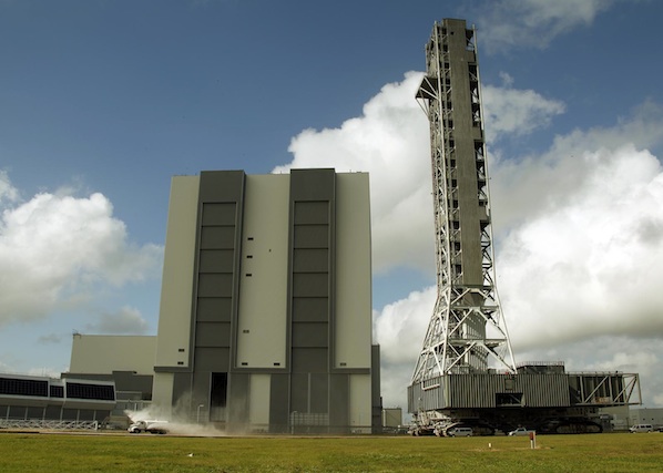 Spaceflight Now | Breaking News | Photos: Mobile launch tower heads for pad